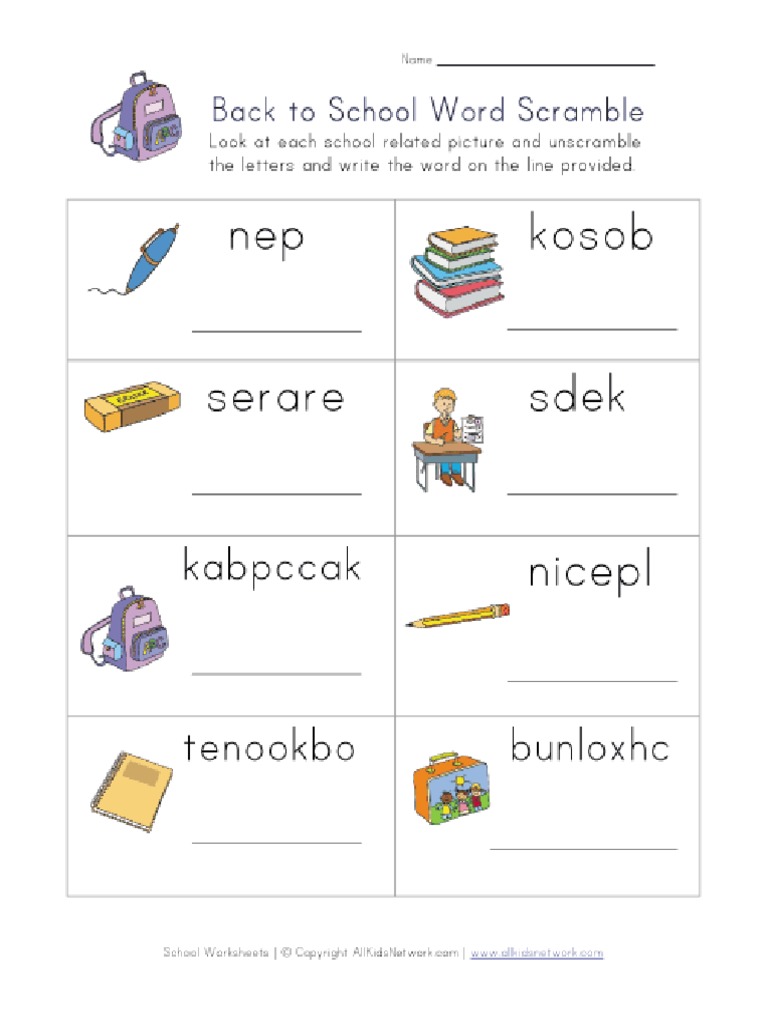 School Word Scramble Worksheet PDF