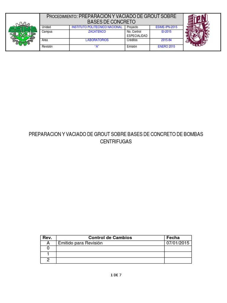 Preparacion y Colado de GROUT - IPN | PDF | Calidad (comercial) | Agua