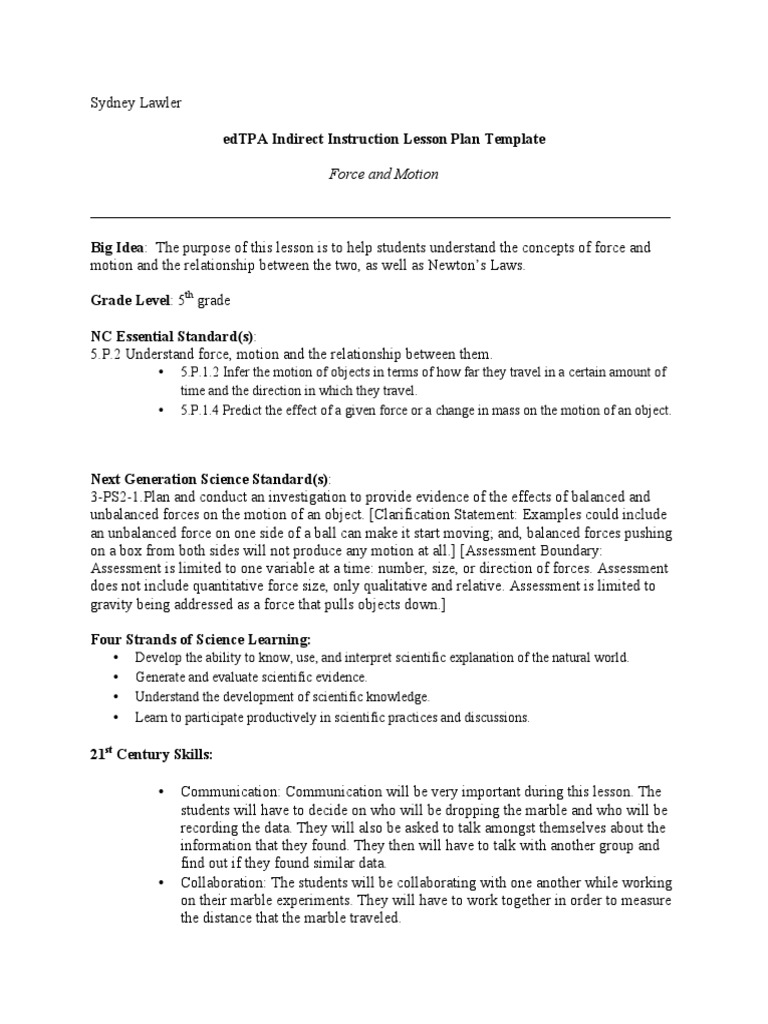 5th Grade Force and Motion Lesson Plan | PDF | Gravity | Force