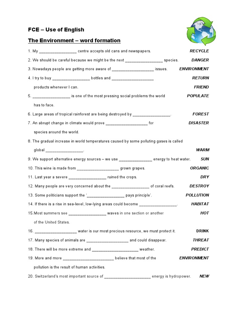 FCE Word Formation: Environment Focus | PDF | Wellness