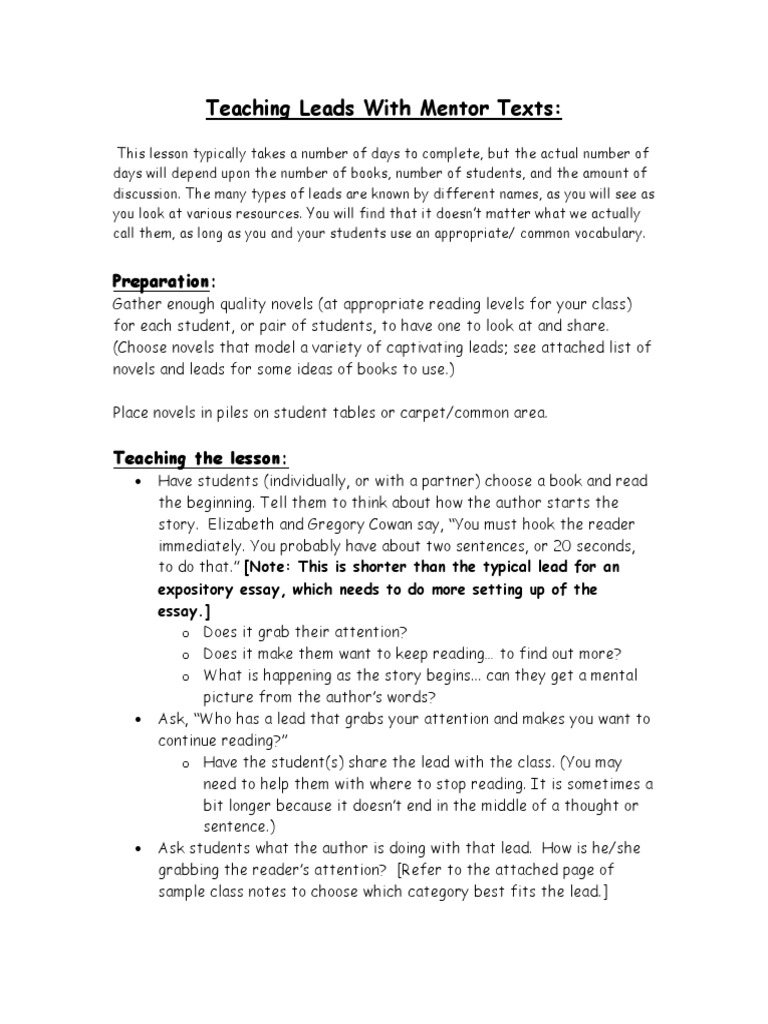 Teaching Leads With Mentor Texts | PDF | Mentorship | Books
