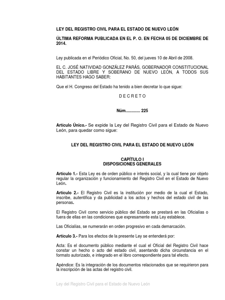 Ley Del Registro Civil para Nuevo Leon | PDF | Divorcio | Ciudadanía