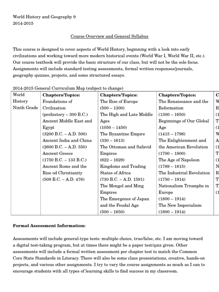 World History & Geography 9 Syllabus | PDF | World History | Homework