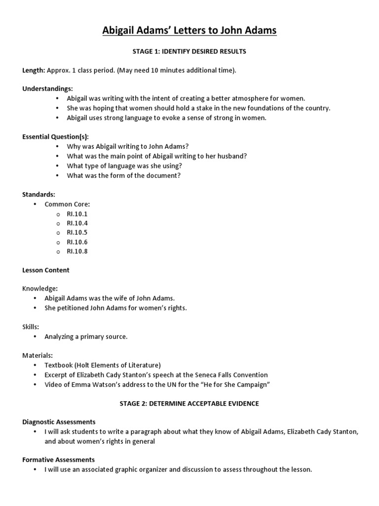 Abigail Adams' Letters Lesson | PDF | Education Theory | Teaching