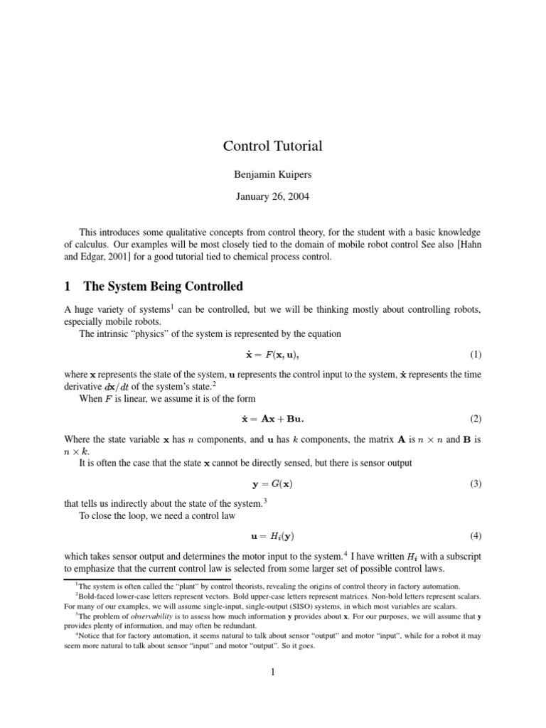 Control Tutorial: 1 The System Being Controlled | PDF | Control Theory ...