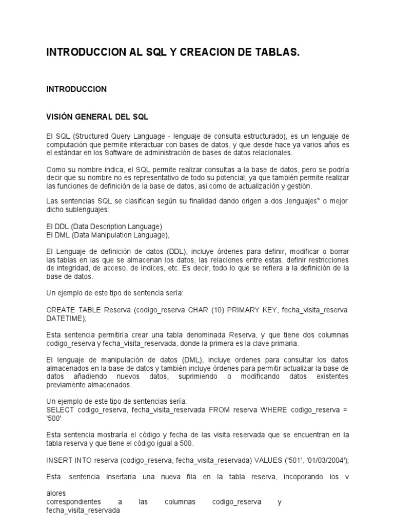 Introduccion Al SQL y Creacion de Tablas DDL | PDF | SQL | Tabla (base de datos)