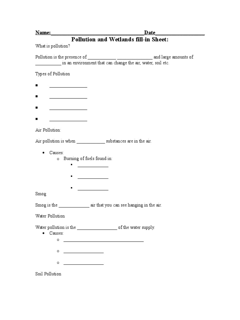 Pollution and Wetlands Fill-In Sheet | PDF
