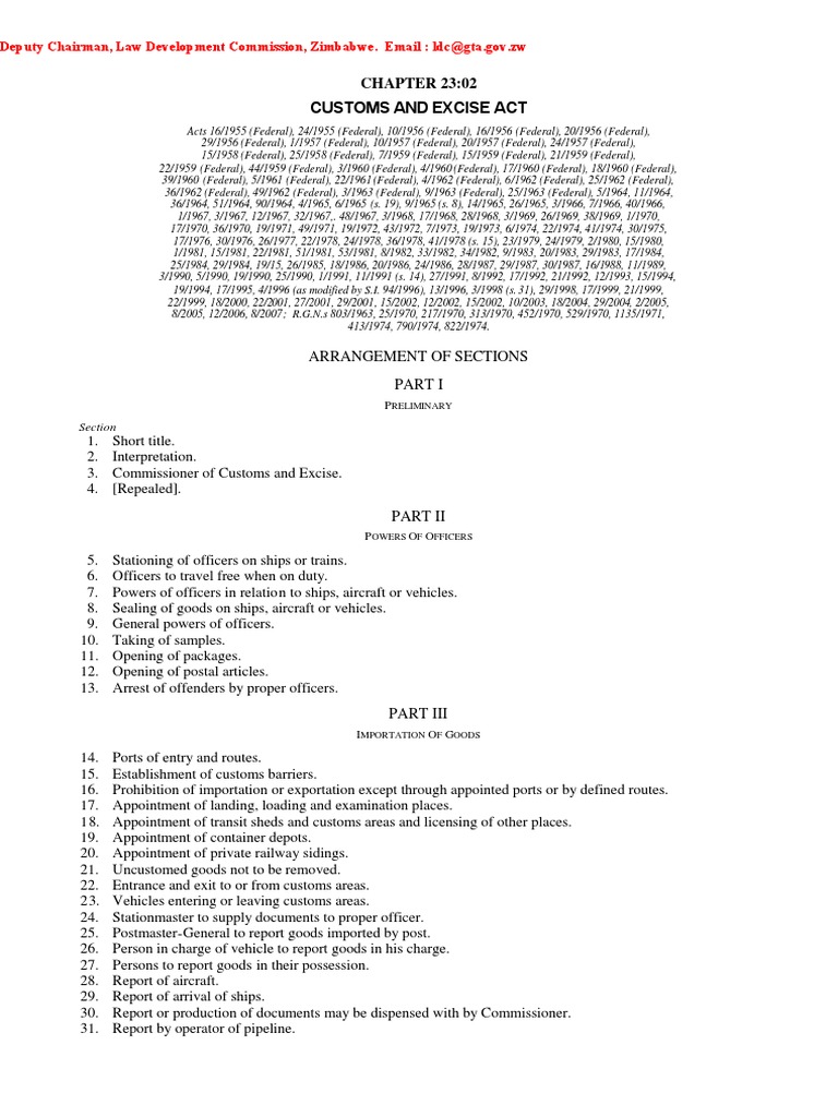 Zimbabwe Customs and Excise Act Overview | PDF | Customs | Beverages