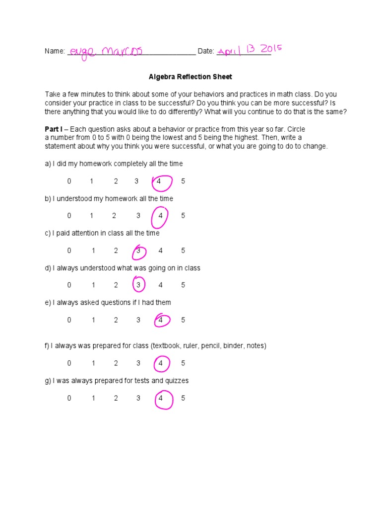 Algebra Class Reflection Sheet | PDF