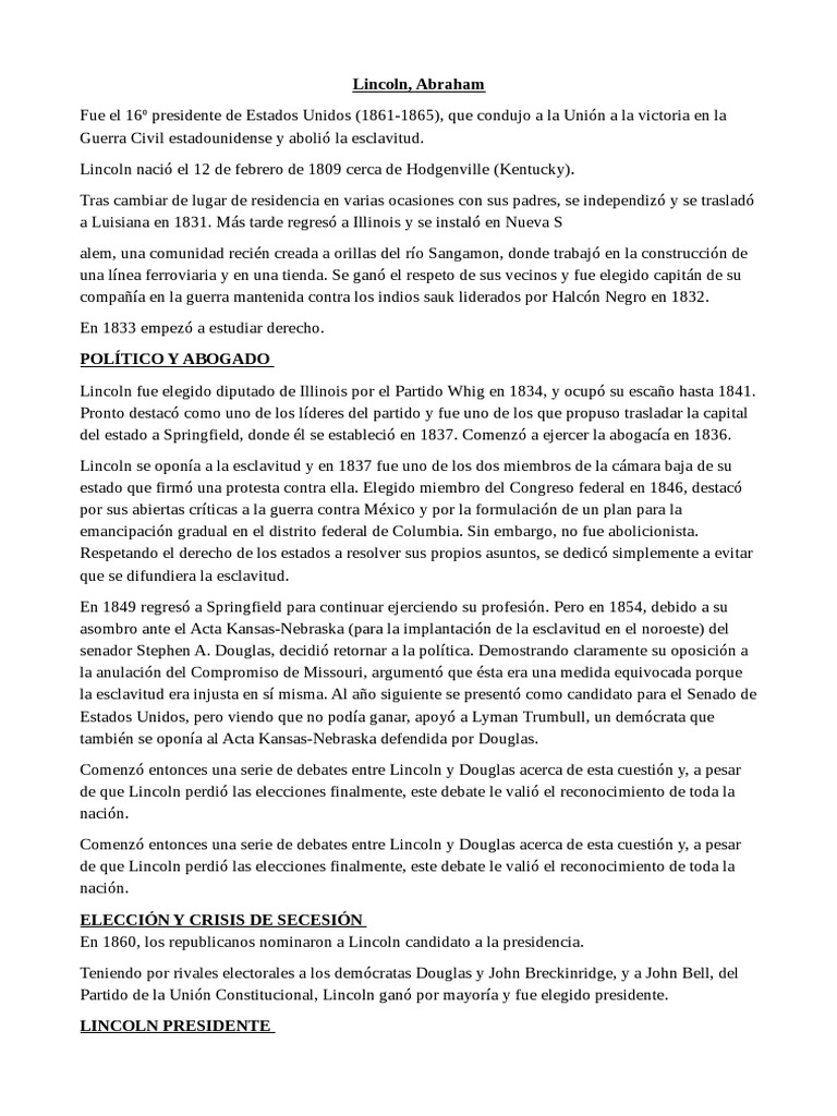 Breve Biografía de Abraham Lincoln | PDF