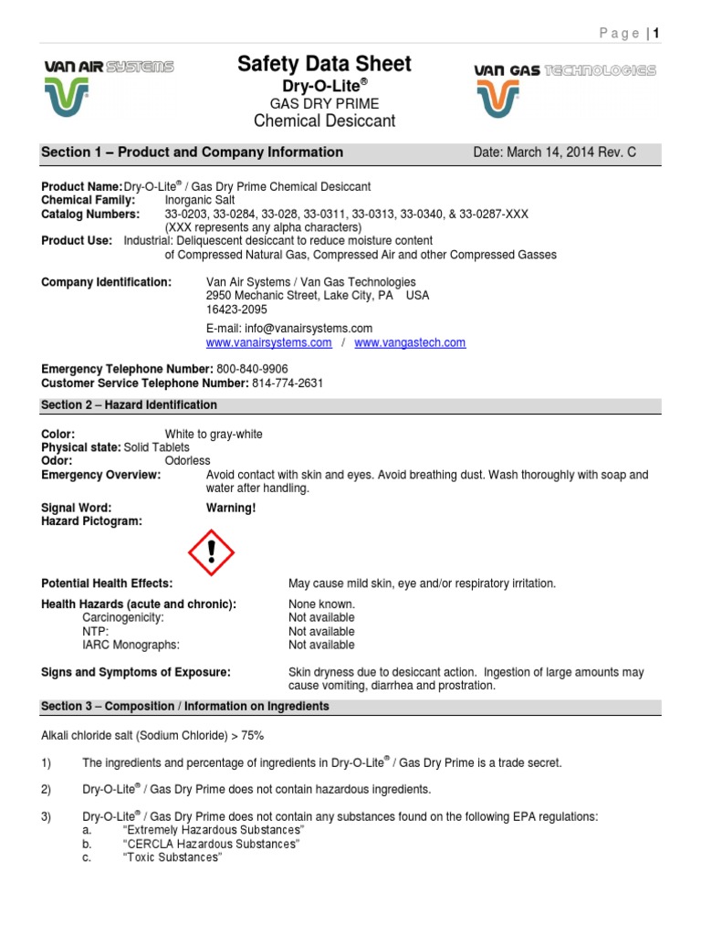 Dry o Lite Msds Sheet | PDF | Personal Protective Equipment | Toxicity