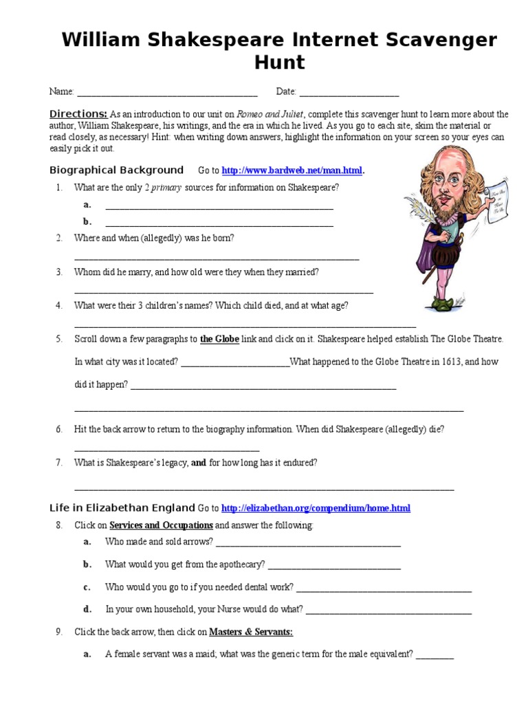 Scavenger Hunt Shakespeare | PDF | William Shakespeare | Romeo And Juliet
