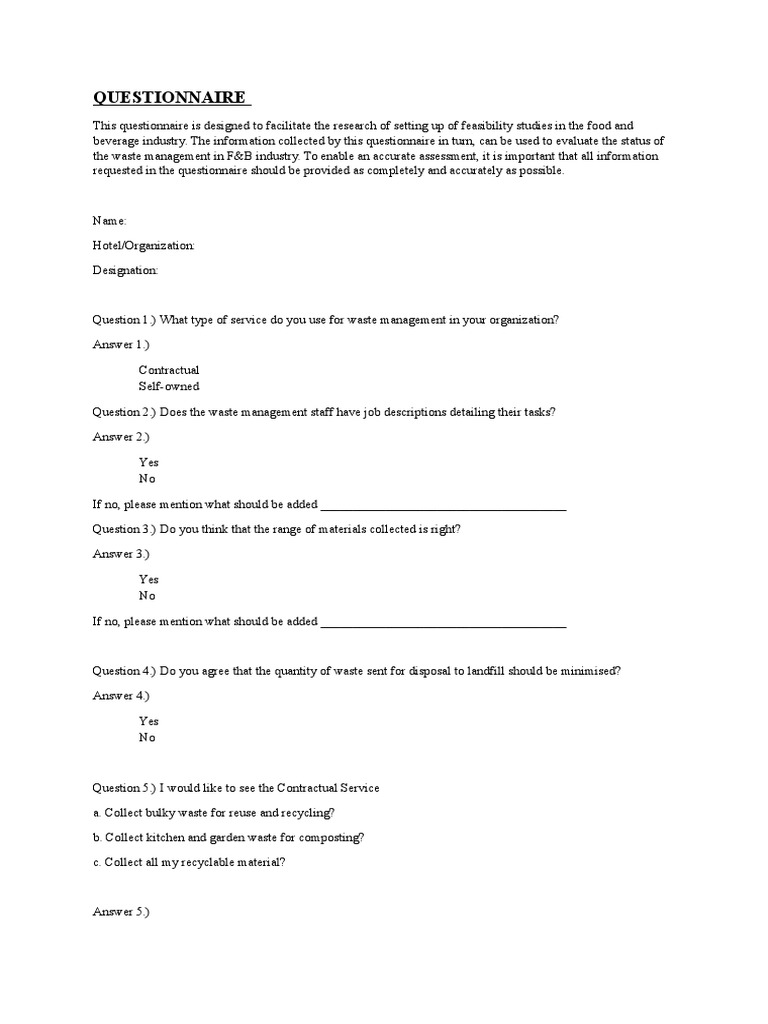 Questionnaire Waste Management | PDF | Waste Management | Municipal ...