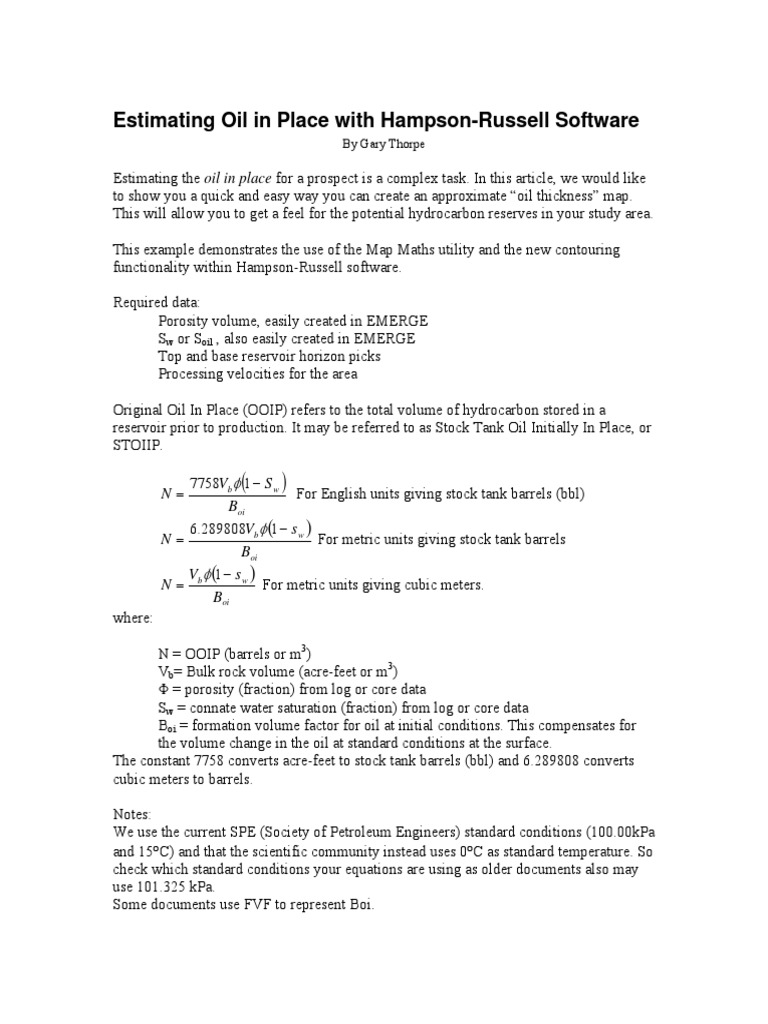 Estimating Oil in Place in Hampson Russell | PDF | Barrel (Unit ...
