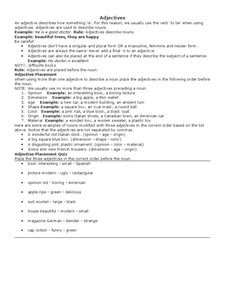 Understanding Adjective Usage and Placement | PDF | Language Arts ...