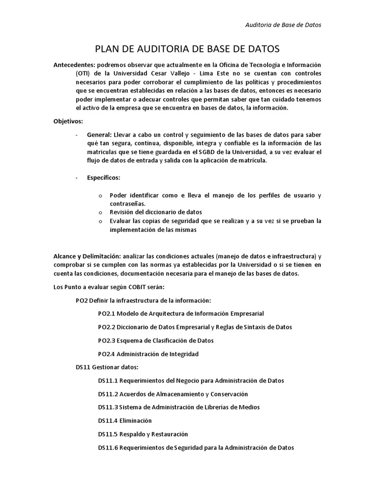 Plan de Auditoria de Base de Datos | PDF | Apoyo | Bases de datos