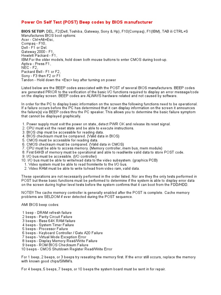 Beep Codes by BIOS | Download Free PDF | Bios | Random Access Memory