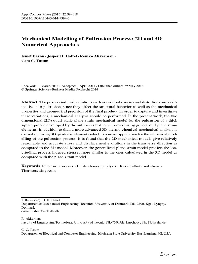 Mechanical Modelling of Pultrusion Process - 2D and 3D Numerical ...