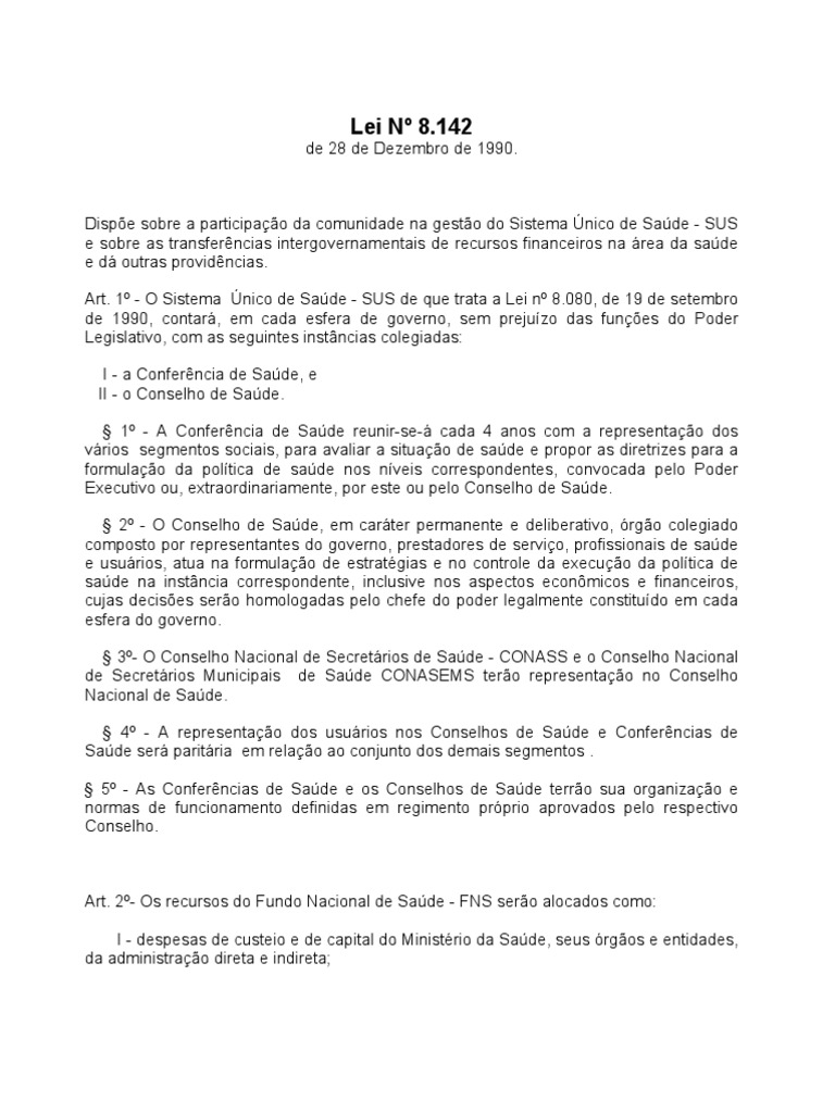 Lei - 8142 / SUS | PDF | Estatuto | Governo