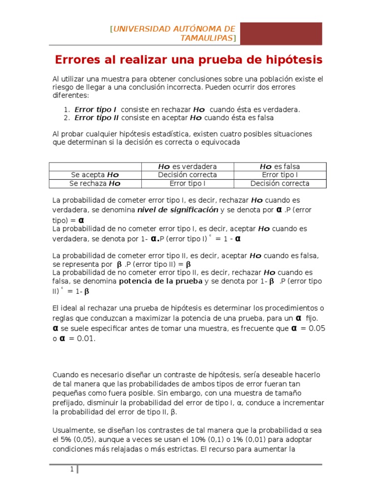 Error Tipo I y II en Pruebas de Hipótesis | PDF | Errores tipo I y tipo ...