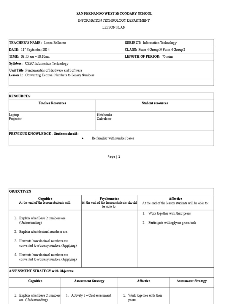Binary and Decimal Conversion Lesson | PDF | Educational Assessment ...