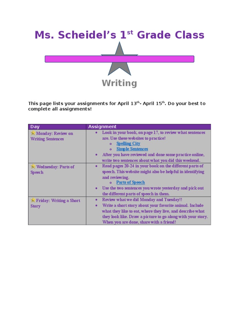 1st Grade Writing Assignments | PDF | Poetry | General Fiction