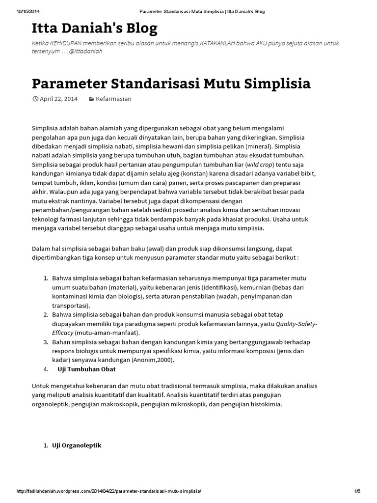 Parameter Standarisasi Mutu Simplisia | PDF