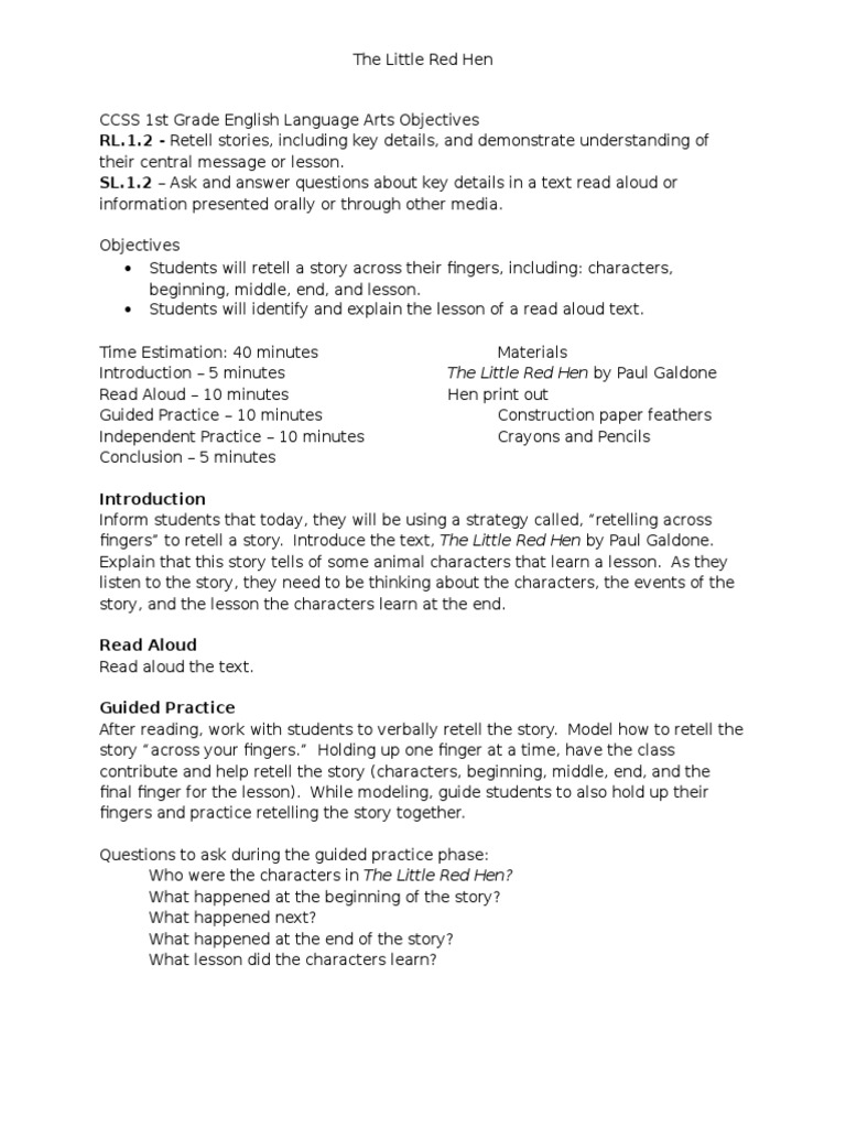Little Red Hen Lesson Plan for Class 1 | PDF | Educational Psychology ...