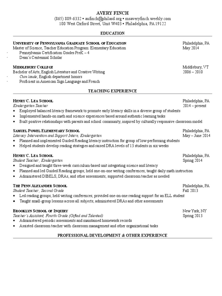 Avery Finch Resume | PDF | Teachers | Literacy