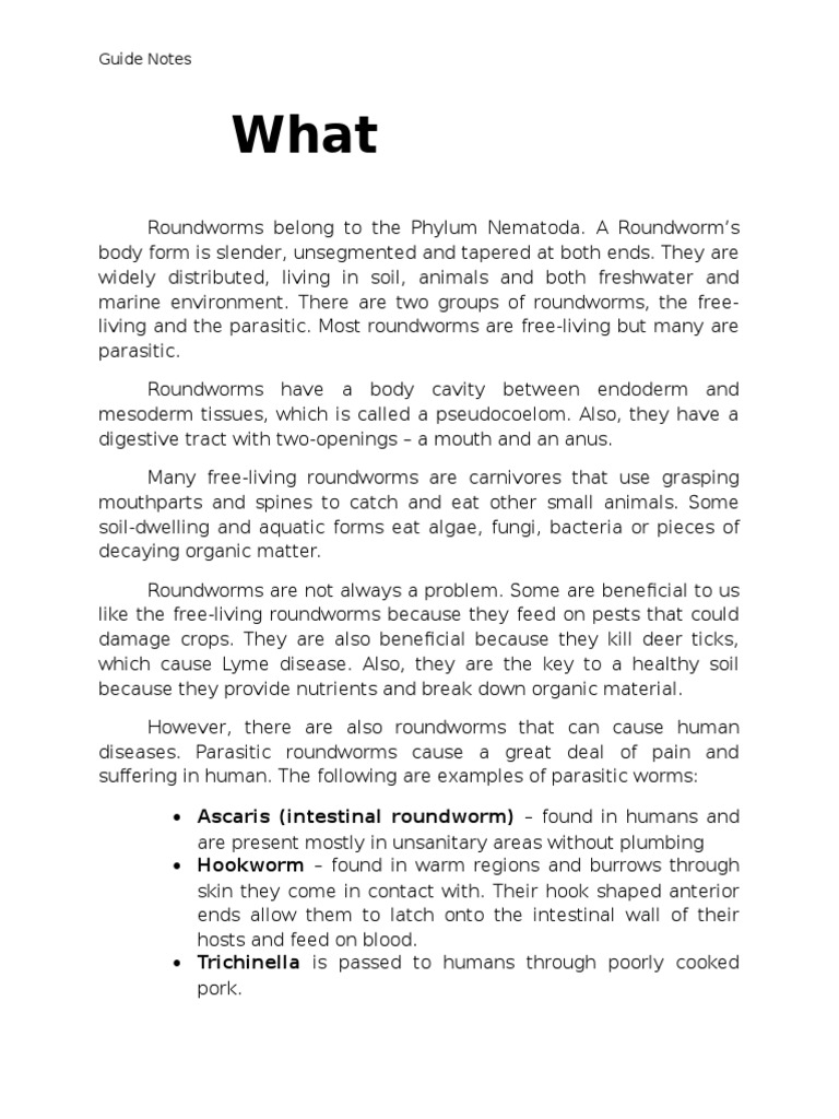 Guide Notes: Ascaris (Intestinal Roundworm) - Found in Humans and ...