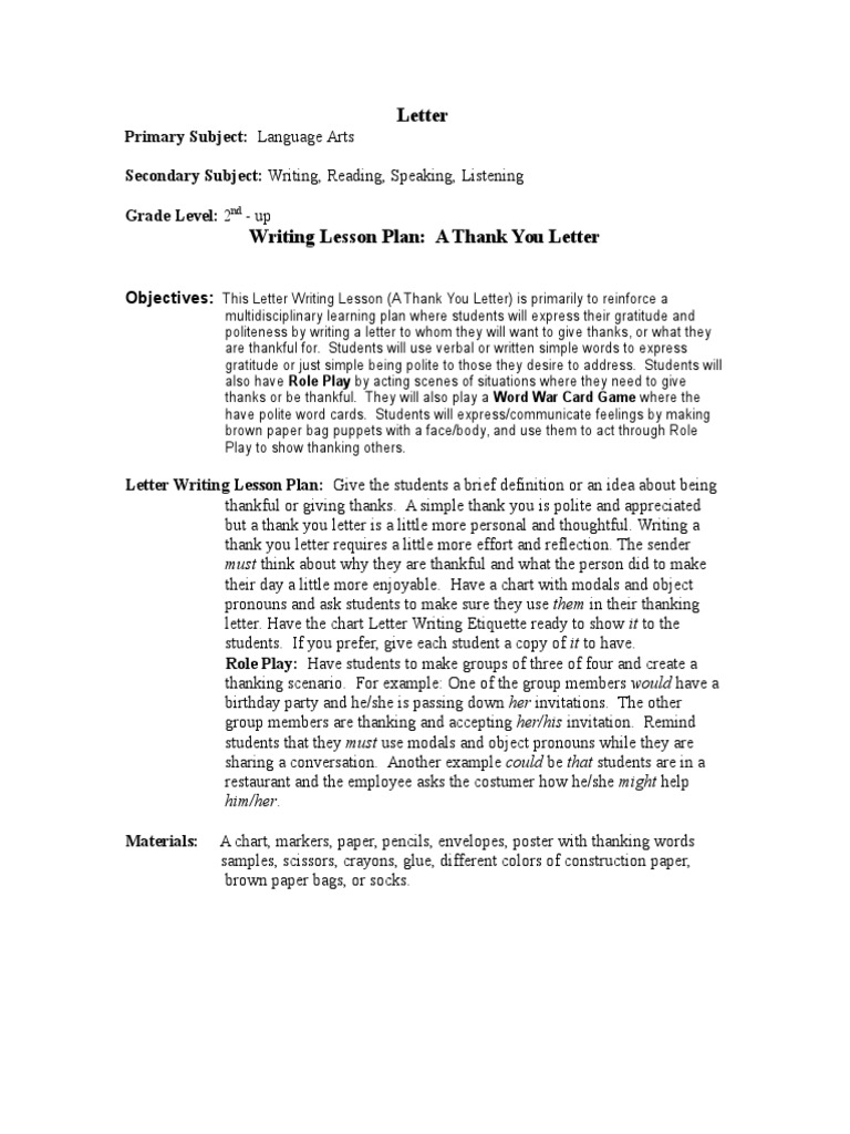 Thank You Letter Writing Lesson Plan | PDF | Proofreading | Lesson Plan