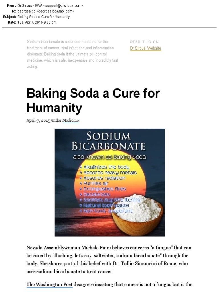 Baking Soda A Cure For Humanity | PDF | Sodium Bicarbonate | Cancer