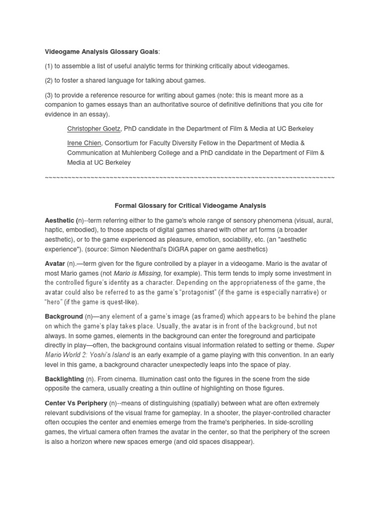 Videogame Analysis Formal Glossary-Libre | PDF | Role Playing Games ...