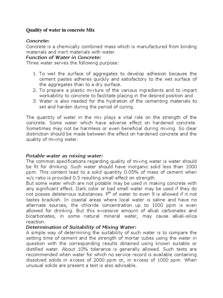Quality of Mixing Water in Concrete | PDF | Concrete | Cement