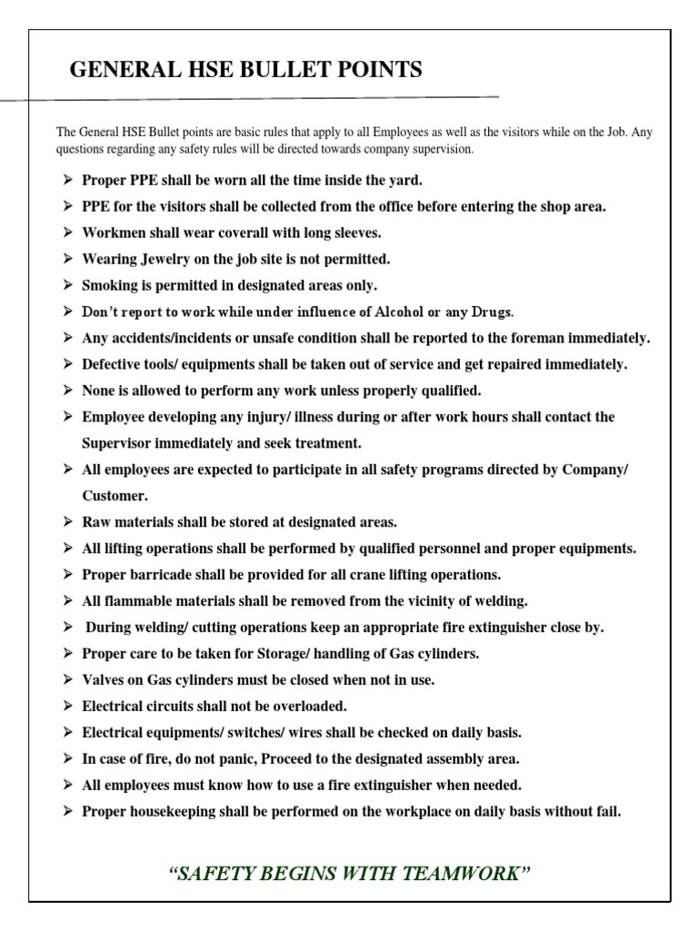 Safety Bullets Points | PDF