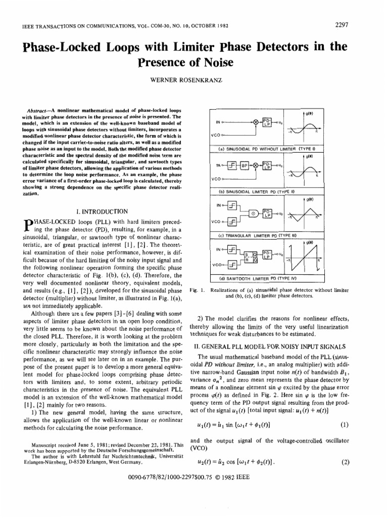 Phase-Locked Loops With Limiter Phase Detectors The Presence of Noise ...