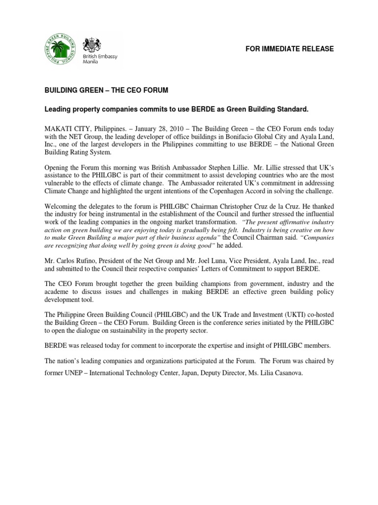 PRESS RELEASE - Leading Property Companies Commits To Use BERDE As ...