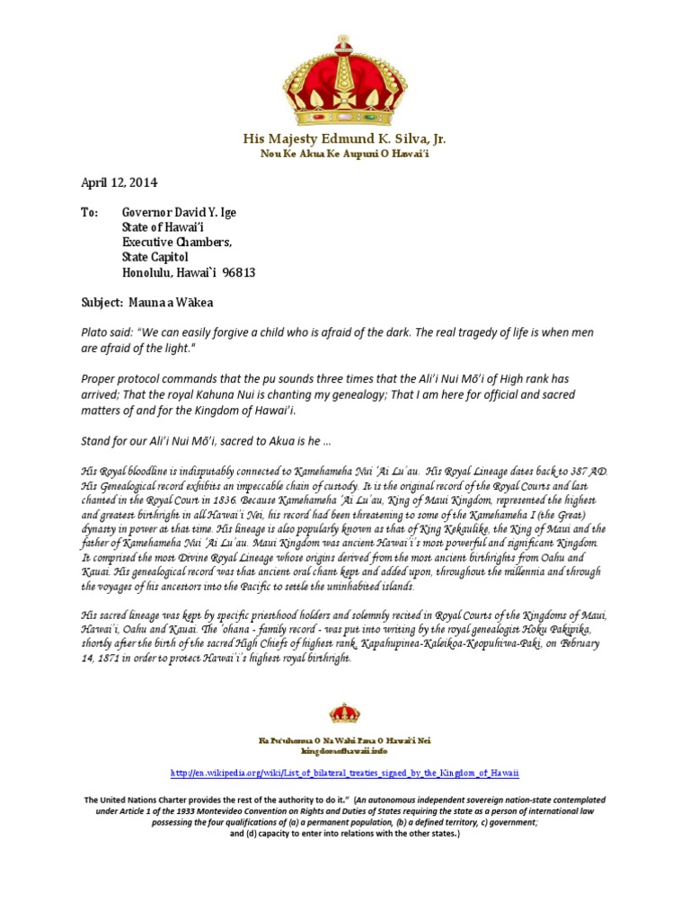 King's Letter To Governor Ige | PDF | Hawaii | Sovereignty