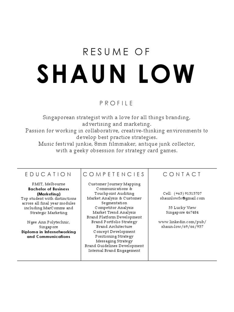 Shaun Low's CV | PDF | Brand | Strategic Management