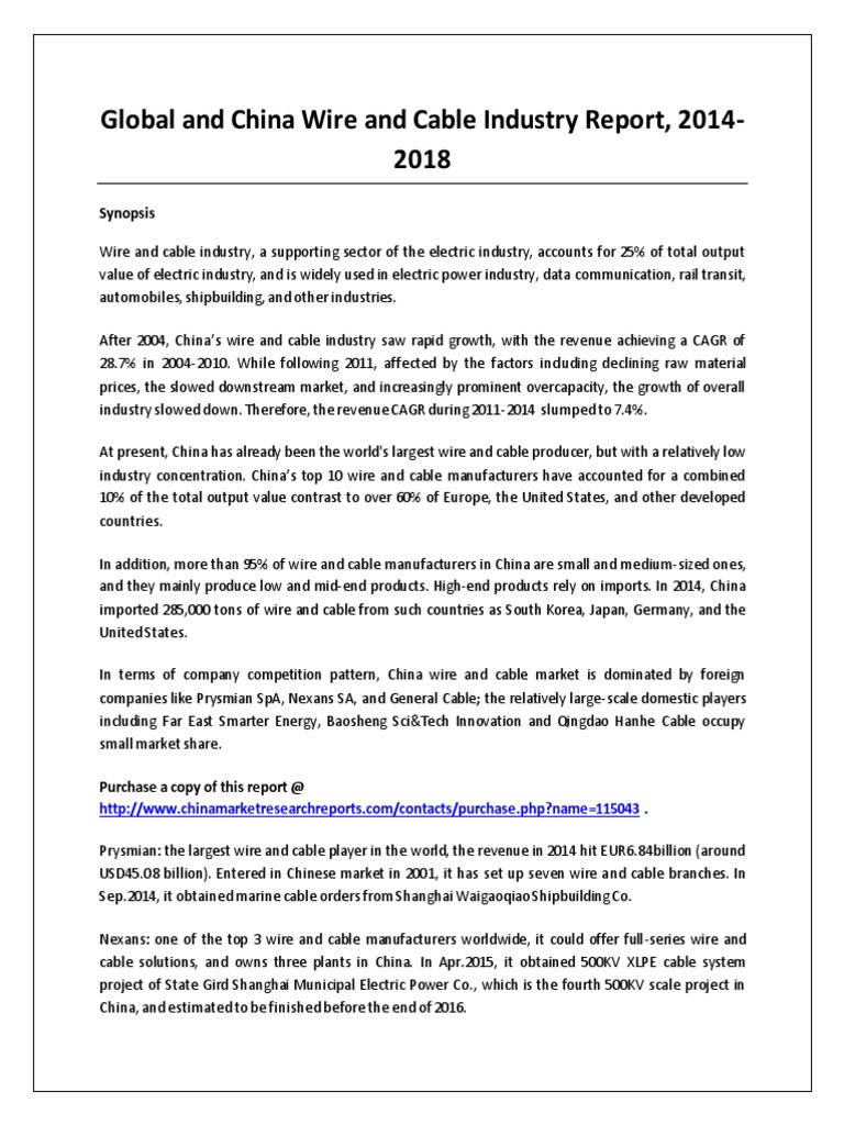 Wire and Cable Industry Analysis 2015-2018 For Global and China | PDF ...