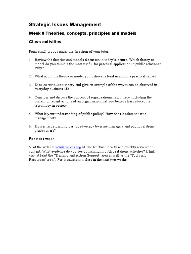 Strategic Issues Management: Week 8 Theories, Concepts, Principles and Models Class Activities | PDF