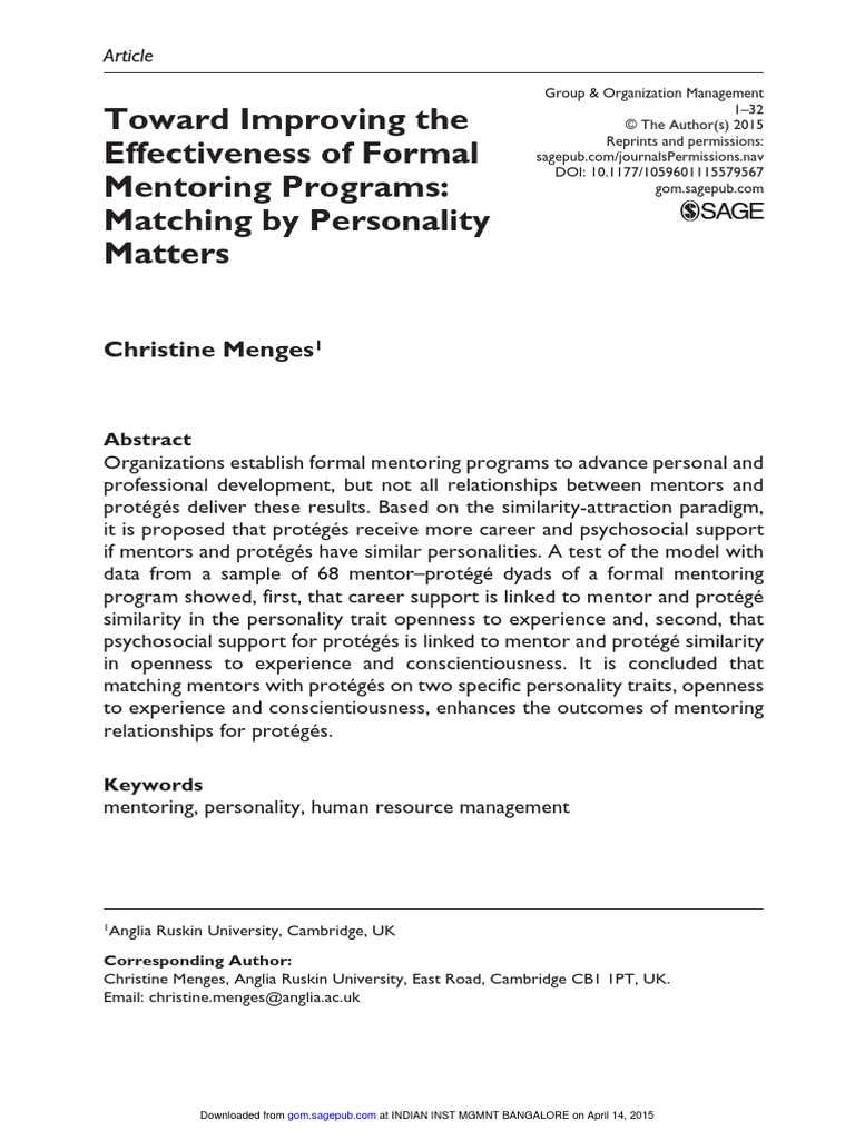 Toward Improving The EFFECTIVENESS of FORMAL MENTORING PROGRAMS ...