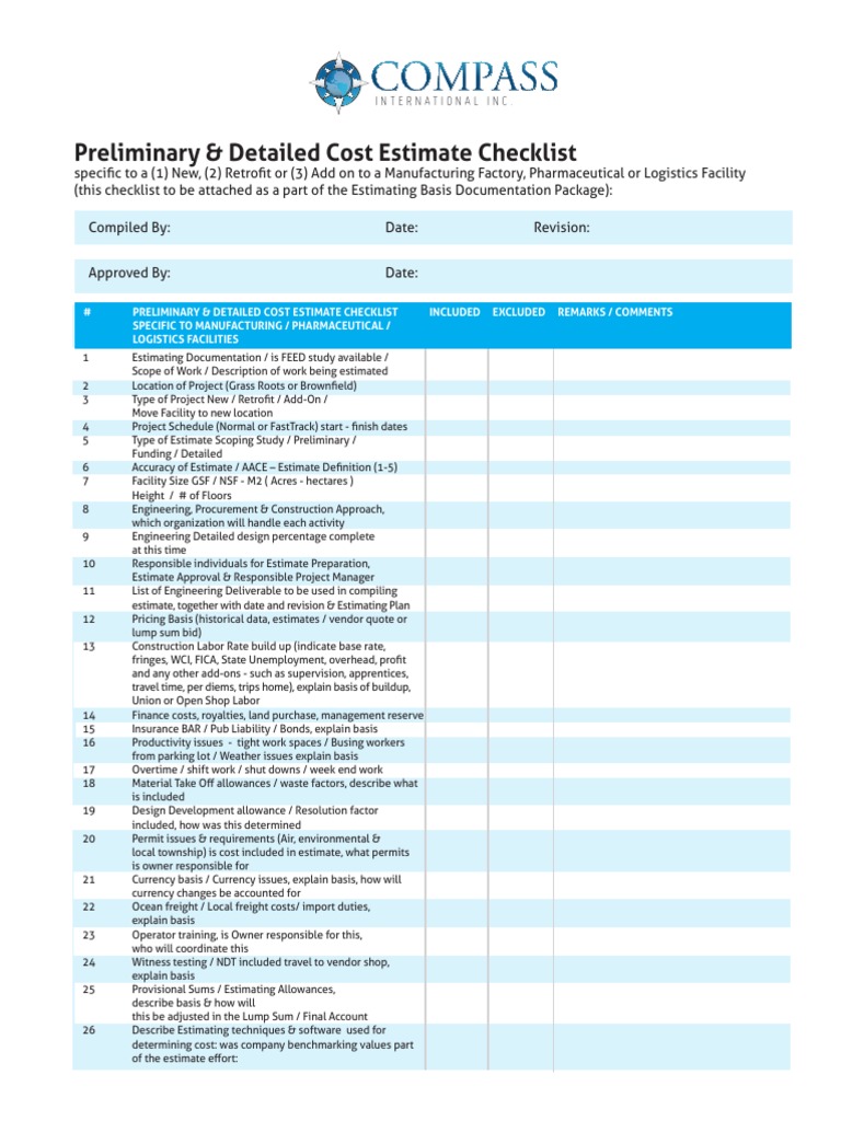 Preliminary Detailed Cost Estimate Checklist | PDF | Duct (Flow) | Concrete