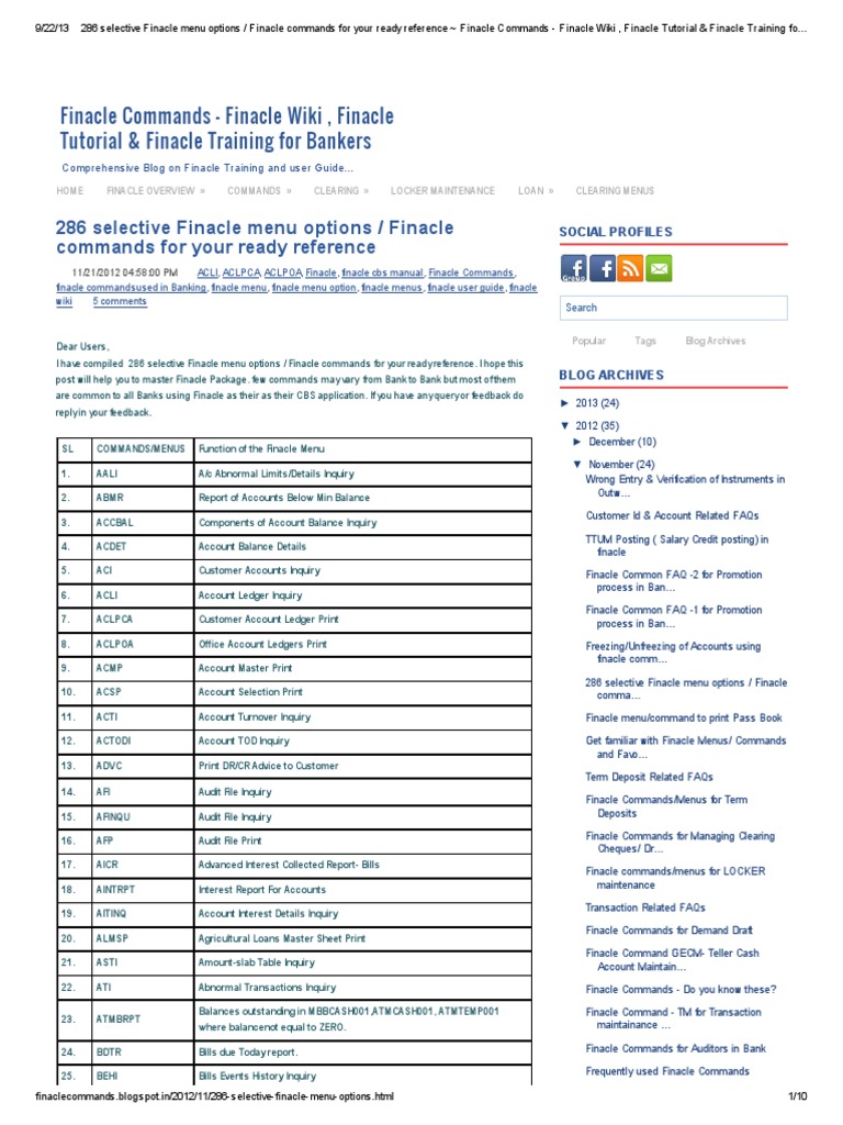 286 Selective Finacle Menu Options - Finacle Commands For Your Ready Reference Finacle Commands ...