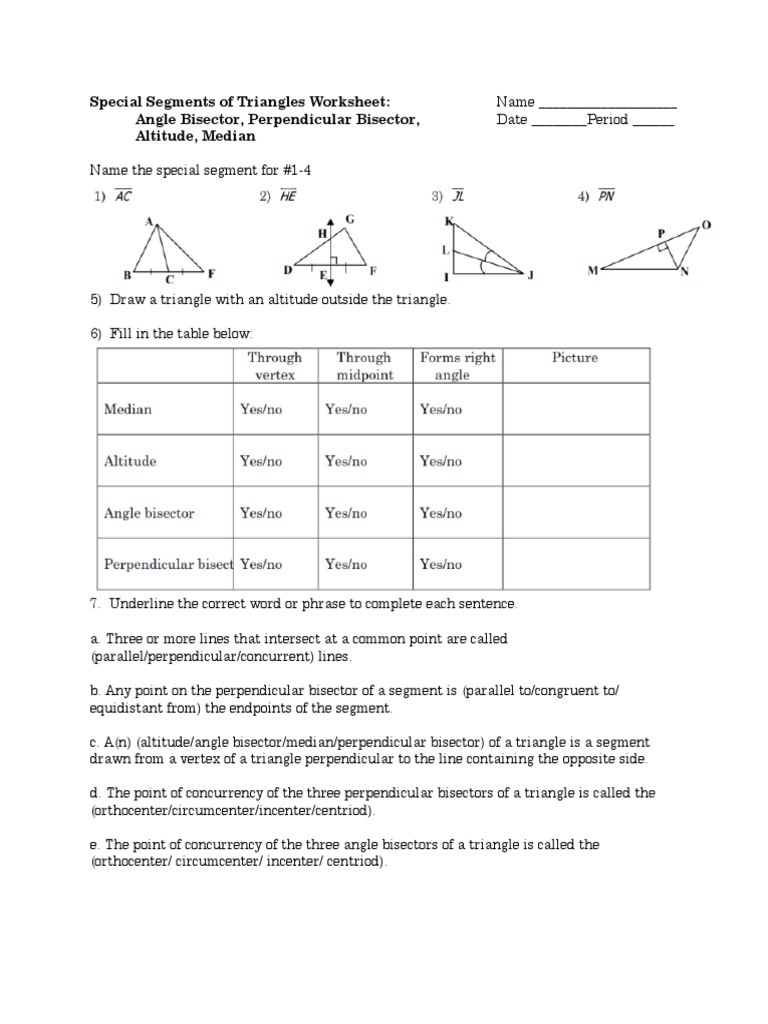 Special Segments of Triangles Worksheet: Angle Bisector, Perpendicular ...