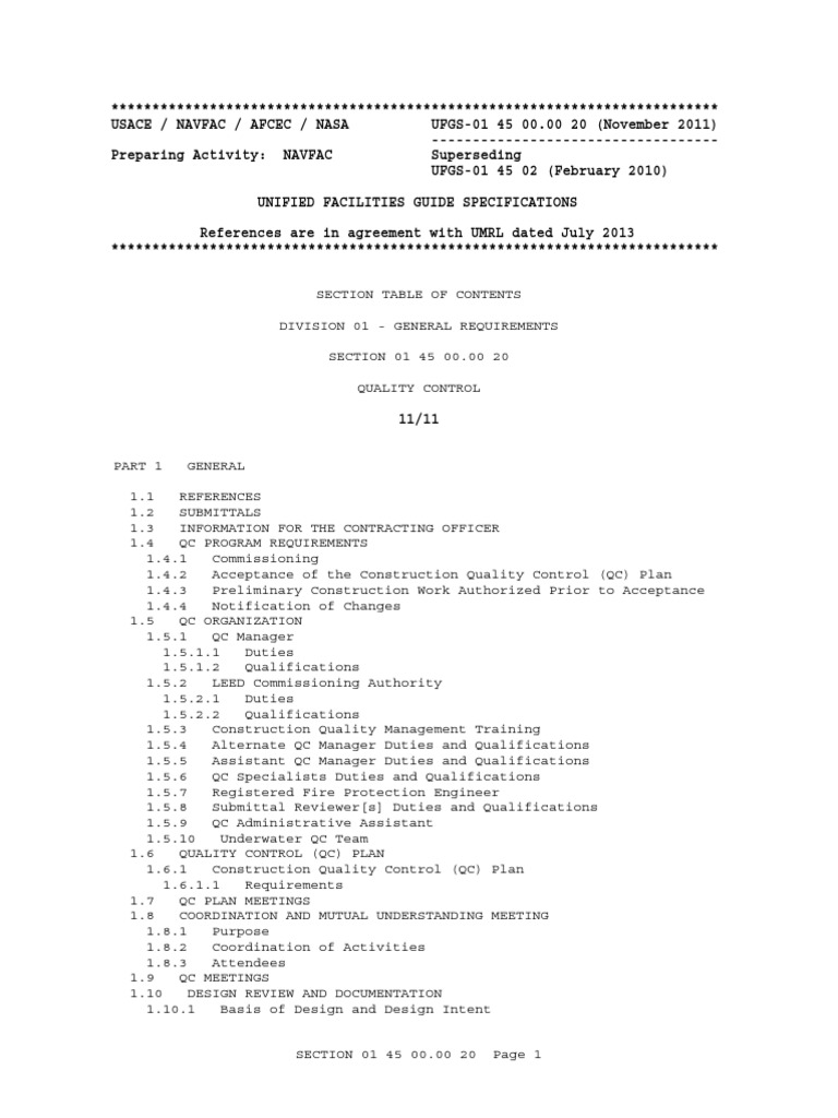 Usace Navfac Afcesa Nasa Quality Control Requirements Ufgs 01-45-02 ...