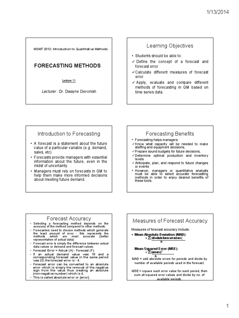 Lecture 11 Forecasting Methods Qm Pdf Forecasting Errors And Residuals 5259
