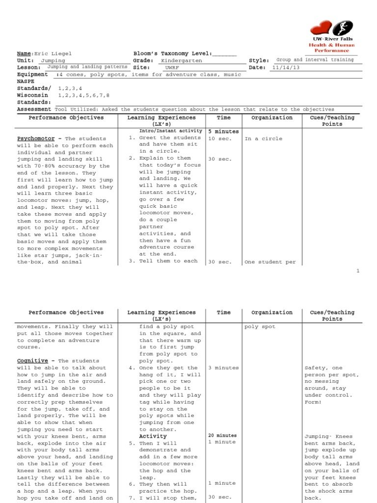 Kindergarten Jumping Lesson Plan | PDF | Cognition | Cognitive Science
