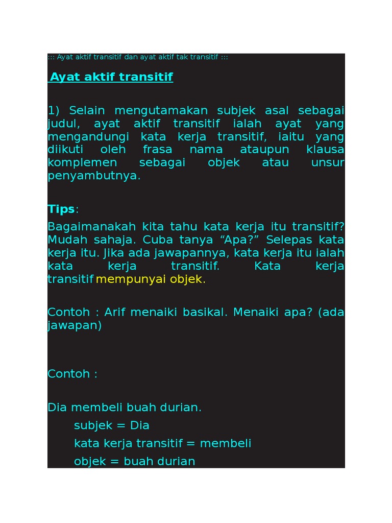 Ayat Aktif Transitif Dan Ayat Aktif Tak Transitif | PDF