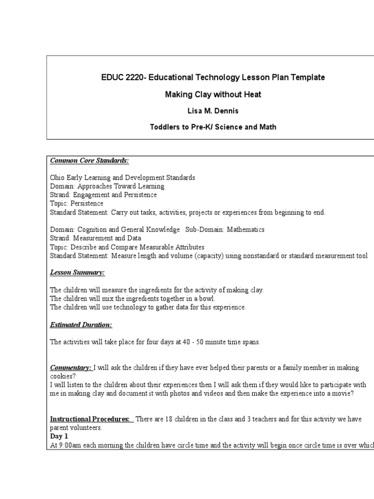 EDUC 2220-Educational Technology Lesson Plan Template Making Clay Without Heat | PDF ...